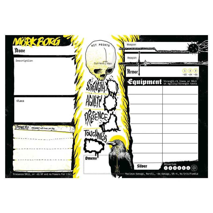 Mork Borg RPG Character Sheet Pad - Free League Publishing